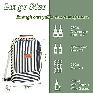 Tirrinia Insulated 2 Bottle Wine Gift Tote Bag - Wine Tumbler Glass Cooler Carrier for BYOB Restaurants, Wine Tasting, Travel, Park, Beach, Great Wine Lover Gift, Blue Stripe