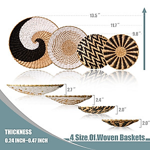 Hanging Woven Wall Basket Boho Decor Set, 4 Unique Handmade Seagrass Rattan Round Baskets Wall Decoration for Home Living Room Bedroom Rustic Coastal Farmhouse - Ready to Hang with Nails Included