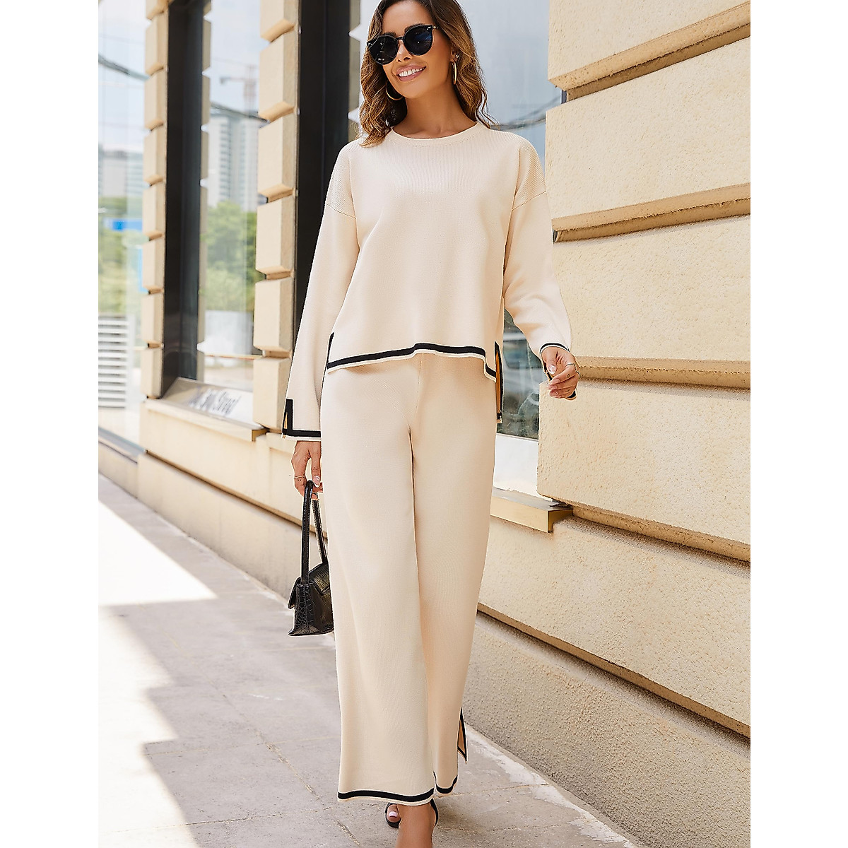 Tanming Women's 2 Piece Outfits Long Sleeve Knit Sweater Top Wide Leg Pants Lounge Sets Tracksuits (Apricot, X-Small)
