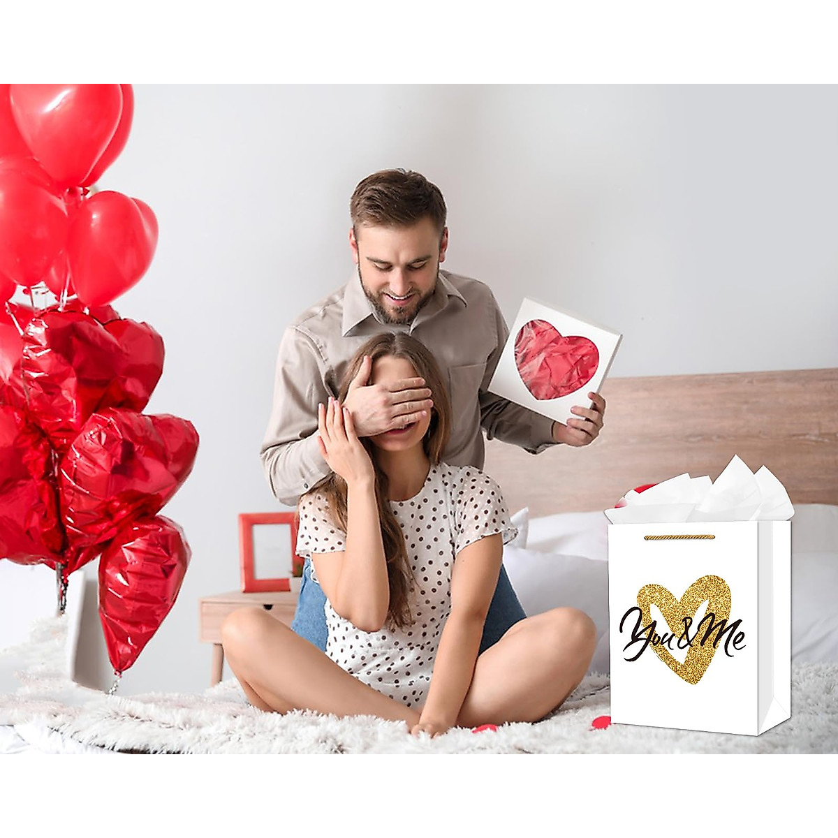 D4DREAM 13"Large Anniversary Paper Gift Bag with Handle for Him Her You and Me Valentines Day Gifts Bag with Tissue Paper for Husband Wife Boyfriend Girlfriend Newlyweds Couple Birthday Party Supplies