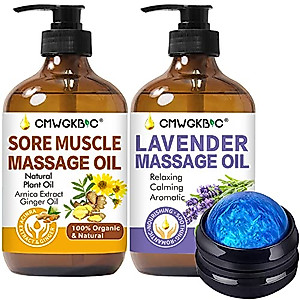 Massage Oil for Massage Therapy,Ginger Oil Lymphatic Drainage-Arnica Sore Muscle Oil Massage & Lavender Oil Relaxing Massage Oils, Massage Kit With Massage Roller Ball Mother Day Father Day Gifts Men