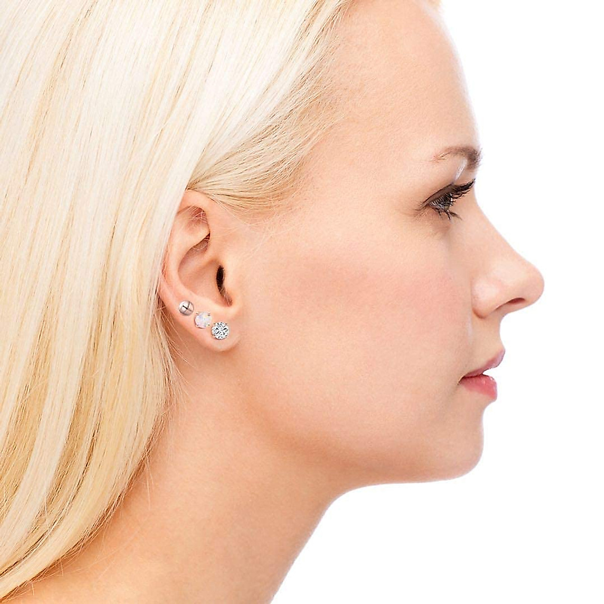 6 Pairs Round Ball Stud Earrings Pack in 18k Rose Gold, White Gold Plated Color with Opal, CZ Stone