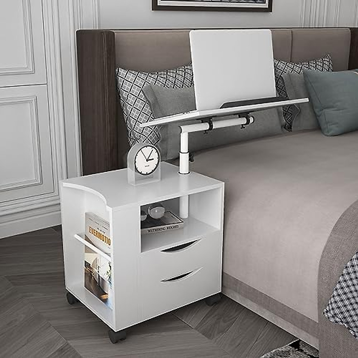 EKSED Multifunctional Height Adjustable Nightstand, Overbed End Table Wooden Night Stand with Swivel Top,Bedside Table with Storage Drawers, Wheels and Open Shelf, Easy Assembly, White