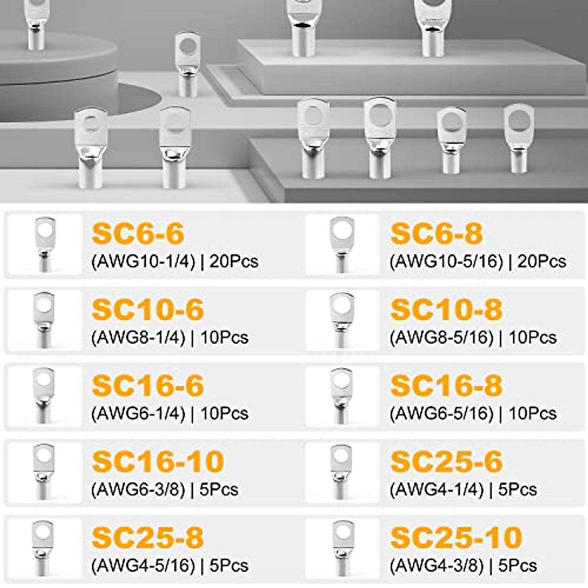 Zhushan 100Pcs Tinned Copper Wire Lugs Kit, Heavy Duty Wire Battery Lugs Cable with 120pcs Heat Shrink Tube,Crimp Battery Cable Ends Tinned,Tubular SC Ring Terminals Connectors