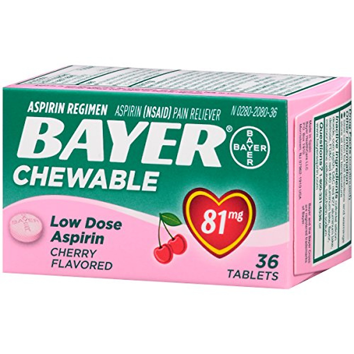 Aspirin Regimen Bayer, 81mg Chewable Tablets, Pain Reliever, Cherry, 36 Count