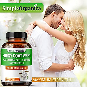 Simple Organica Horny Goat Weed for Men and Women - 120 Capsules, with Maca Root, Tongkat Ali, Saw Palmetto, L-Arginine. Energy, Stamina, Strength, Endurance, Joint Health - Non-GMO Formula