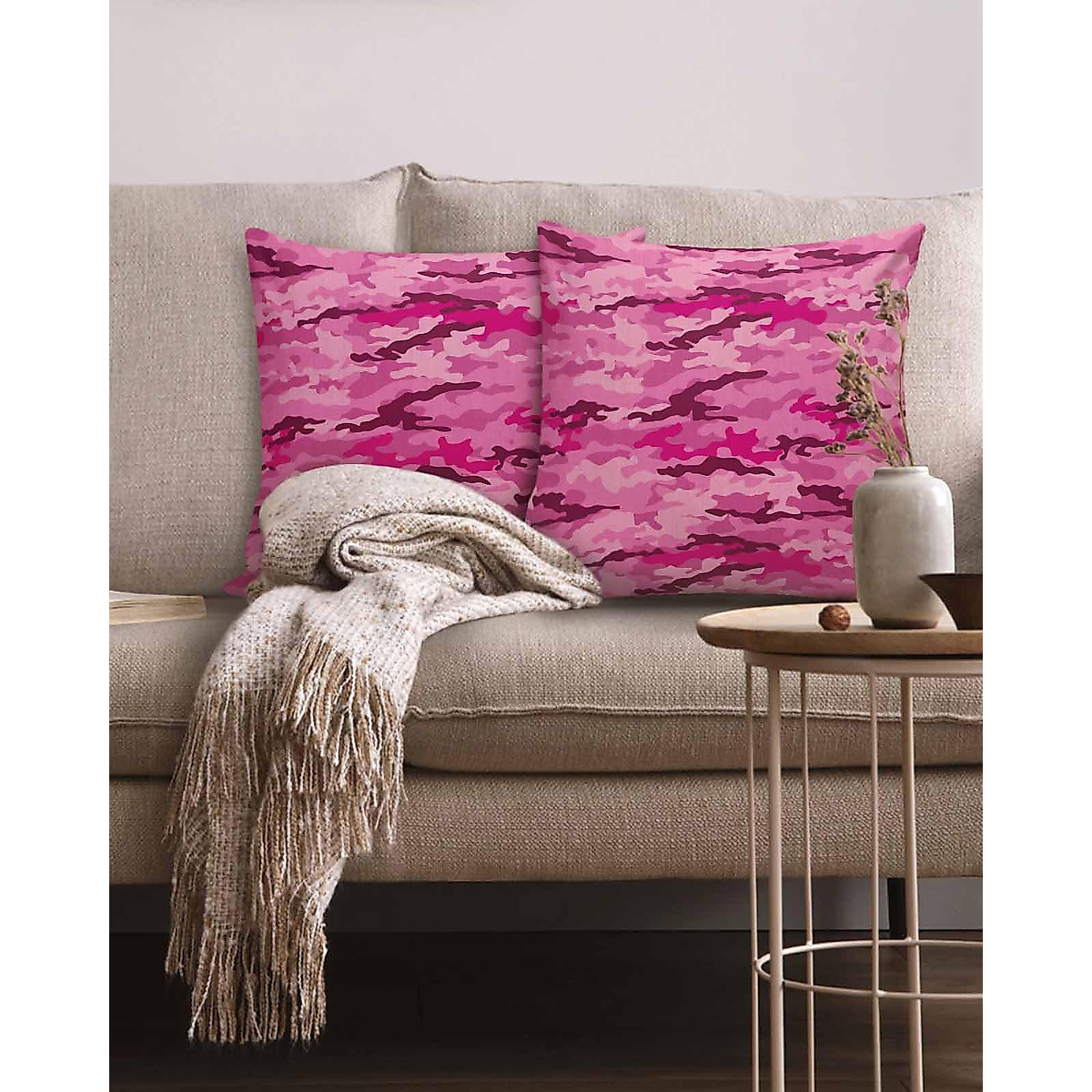 LUSWEET Cotton Throw Pillow Covers Reversible Set of 2, Camouflage Netting Camo Pink Soft Couch Pillow Covers for Sofa Bedroom Living Room 18 x 18 Inch Decorative Cushion Case Home Decor