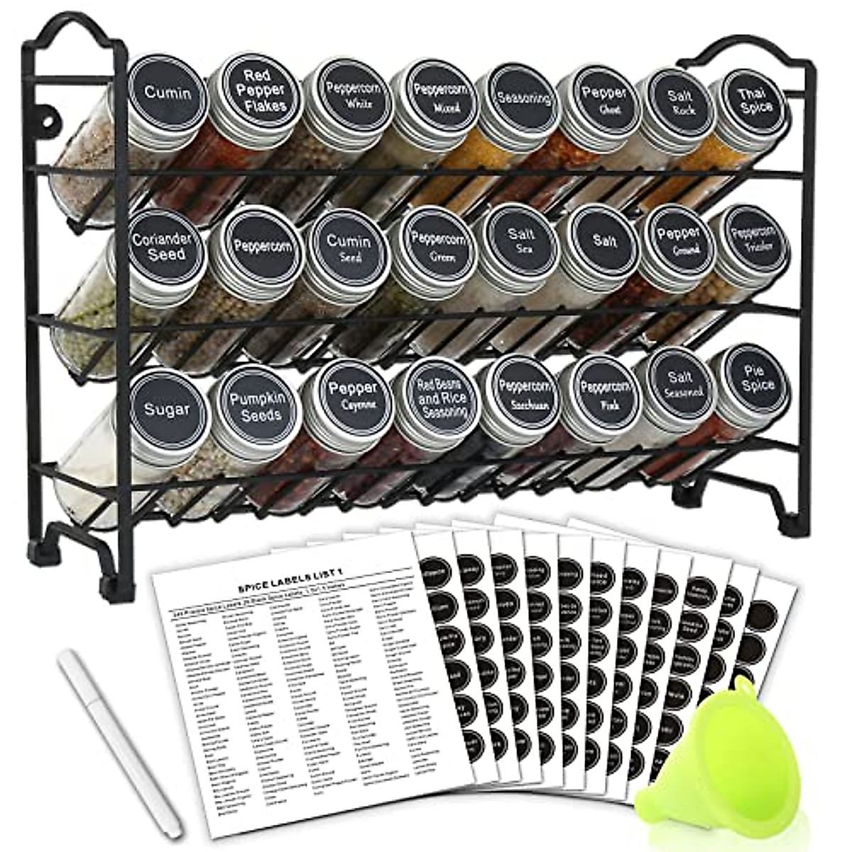 SWOMMOLY Spice Rack Organizer with 24 Empty Round Spice Jars, 396 Spice Labels with Chalk Marker and Funnel Complete Set, Spice Rack Organizer for Cabinet, Pantry, Countertop or Wall Mount, Black