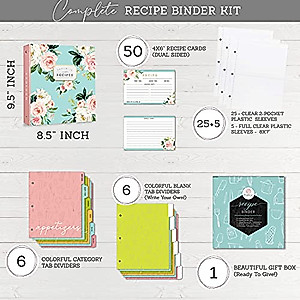 Recipe Binder 3 Ring Organizer Blank Recipe Book 8.5" x 9.5" with 50 Blank Recipes Cards (4x6); Dividers and Page Protectors; Recipe Book to Write in Your own Recipes