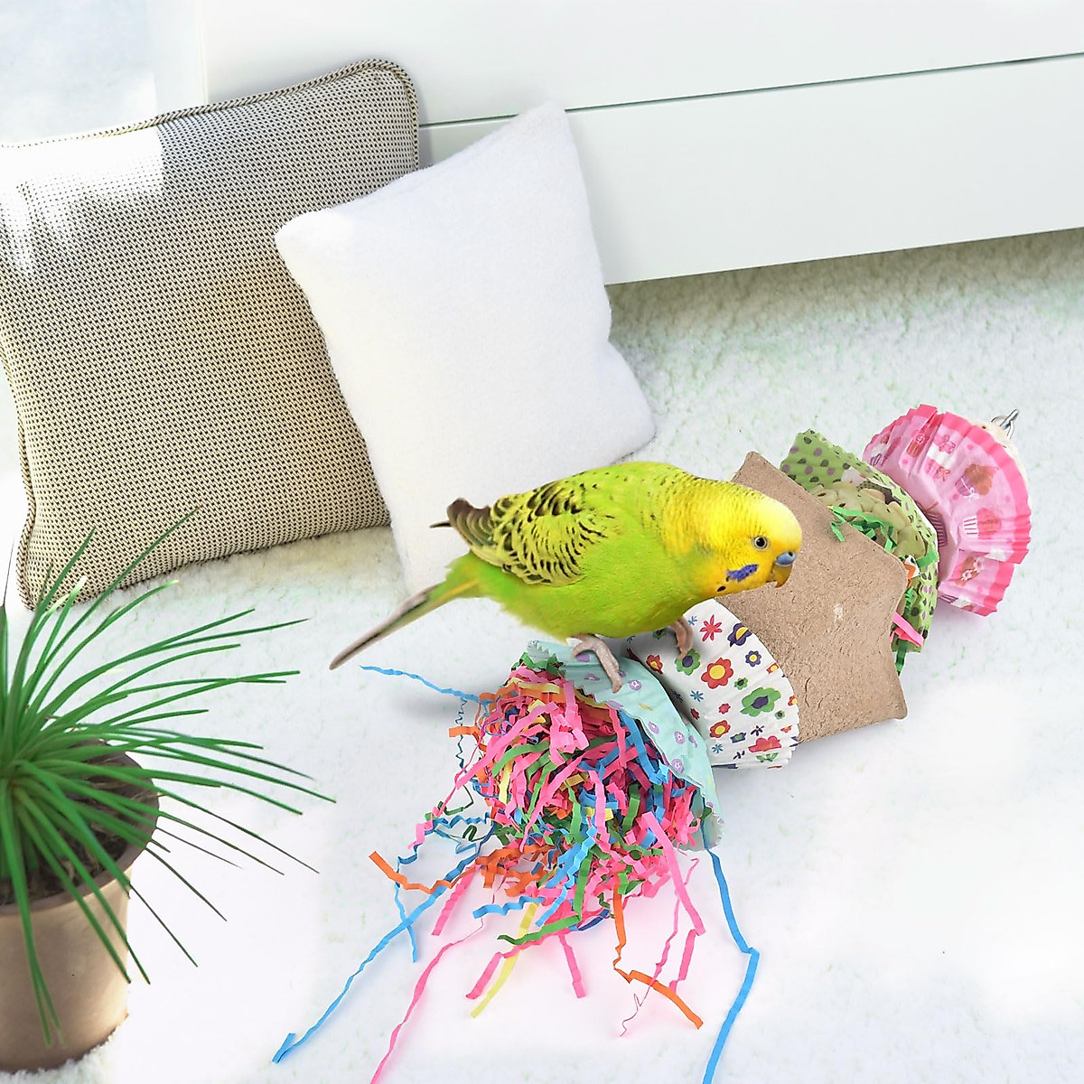 Bissap Conure Toys, Bird Parrot Foraging Shredder Hanging Toys 2 Sola Balls Wooden Block Tassels with Bell for Small Parrots Parakeets Conures Cockatiels Love Birds Cage Toy