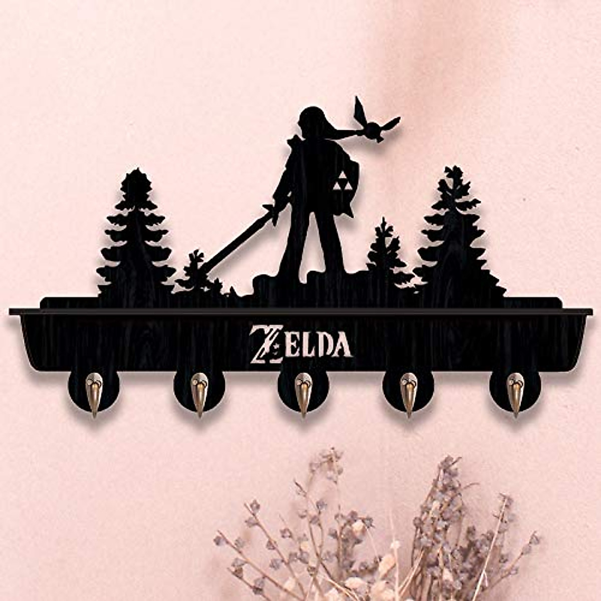 Game Zelda Decor Wall Mounted Hat Rack Key Hook Coat Hook,Wooden Storage Rack for Hallway, Bathroom, Living Room, Bedroom, Kitchen,Black,5 Metal Hooks,11lbs
