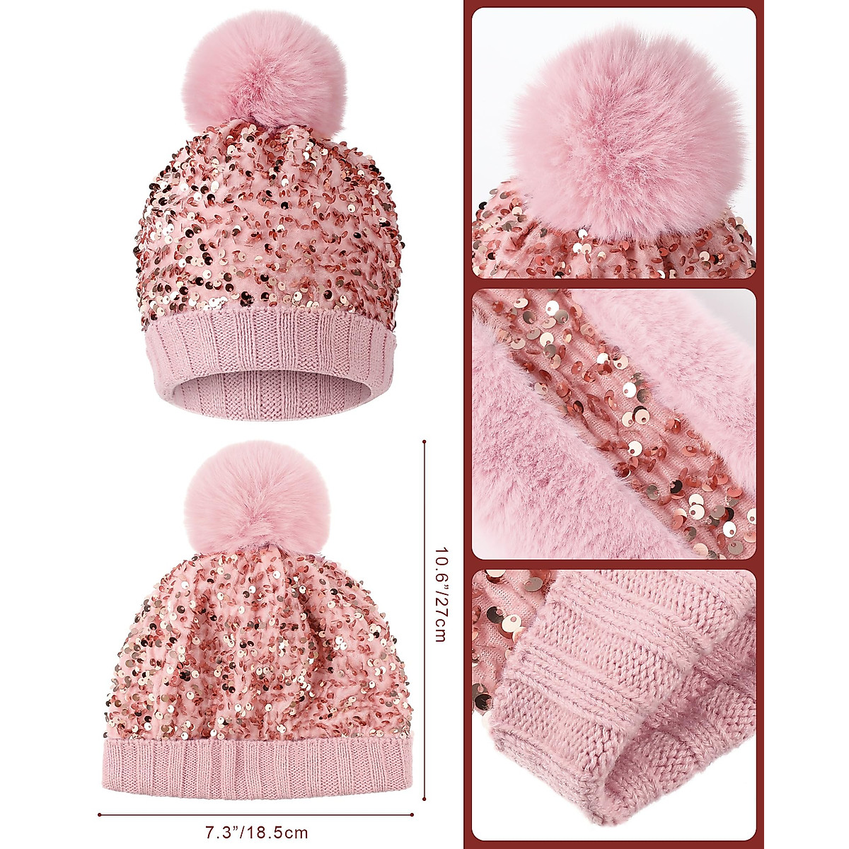Liitrsh 2 Sets Girl's Winter Knit Hat Scarf Gloves Set Warm Fleece Lined Pom Pom Hat Scarf Gloves for Teens Pink Purple