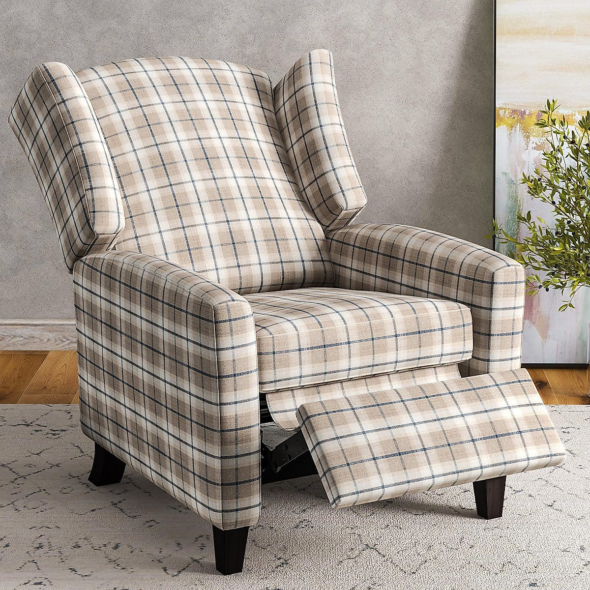 INZOY Push Back Recliner Chair, Pushback Reclining Chair with Padded Seat, Fabric Wingback Recliner for Living Room Home Theater, Plain Plaid