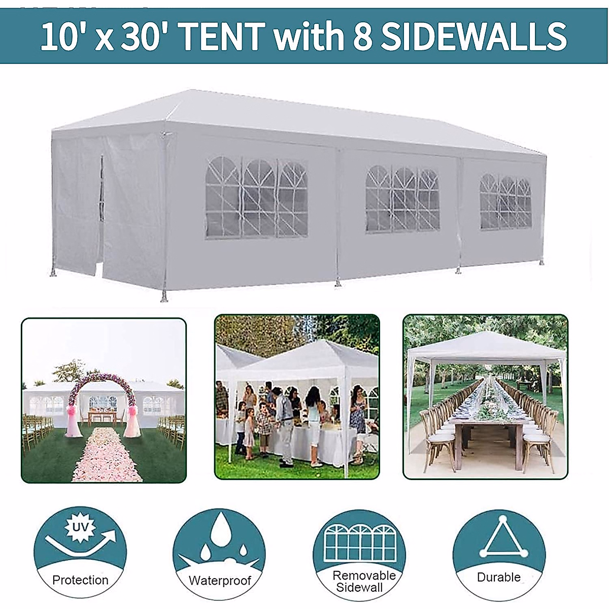 U-Kiss 10x30ft Canopy Party Wedding Patio Event Tent, Garden Outdoor Gazebo BBQ Shelter with 8 Removable Sides, Waterproof Foldable, Upgrade Thicken Steel Tube (10' x 30' with 5 sidewalls)