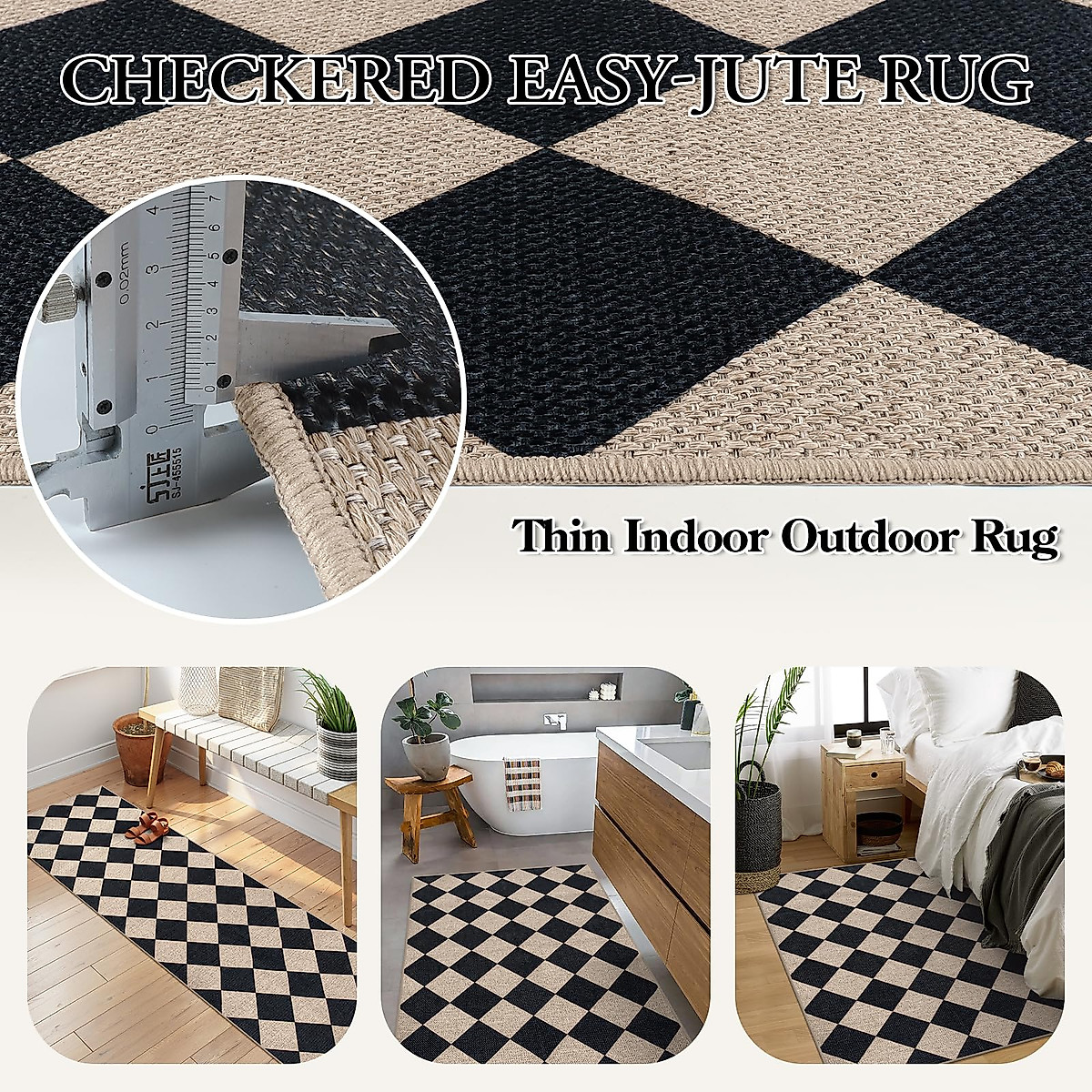 Lahome Checkered Easy Jute Area Rug, 3x5 Outdoor Patio Rug Washable Rugs for Entryway Diamond Indoor Outdoor Living Room Rugs, Farmhouse Neutral Non Slip Black Carpet for Backyard Bedroom