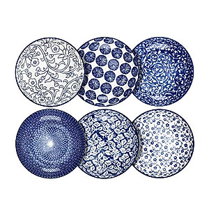 Selamica Porcelain Salad Pasta Bowls, Serving bowls, Microwave & Dishwasher Safe, Sturdy & Stackable - 26 Ounce, Set of 6, Vintage Blue