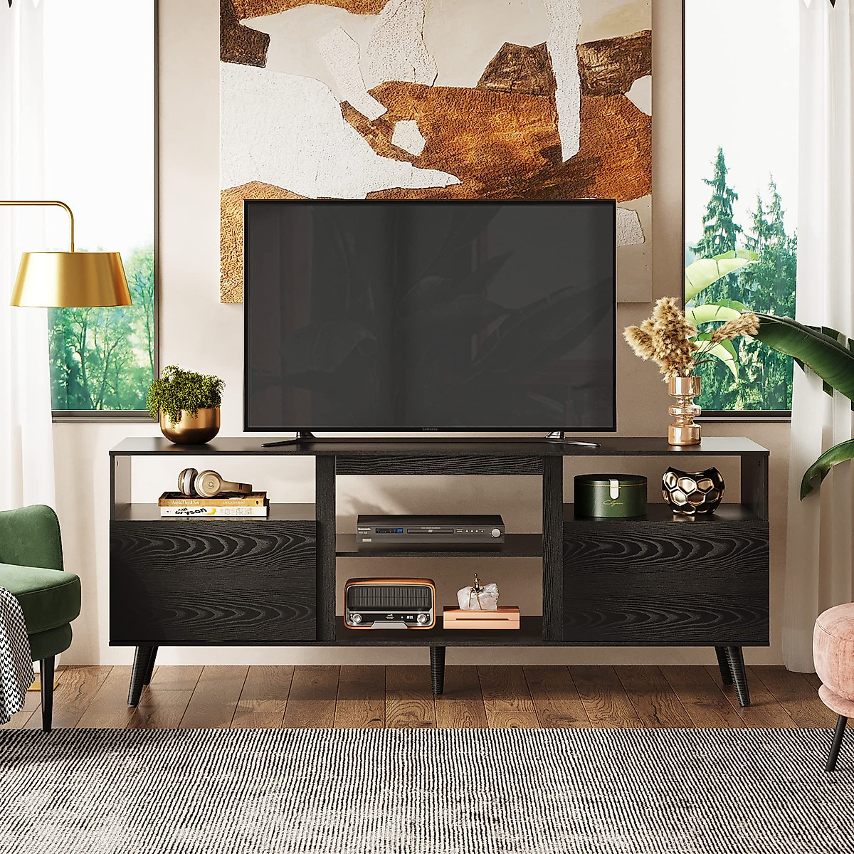 WLIVE TV Stand for 65 Inch TV, 58 inch Entertainment Center with 2 Storage Cabinets, Media Console for Living Room, Bedroom and Office, Black