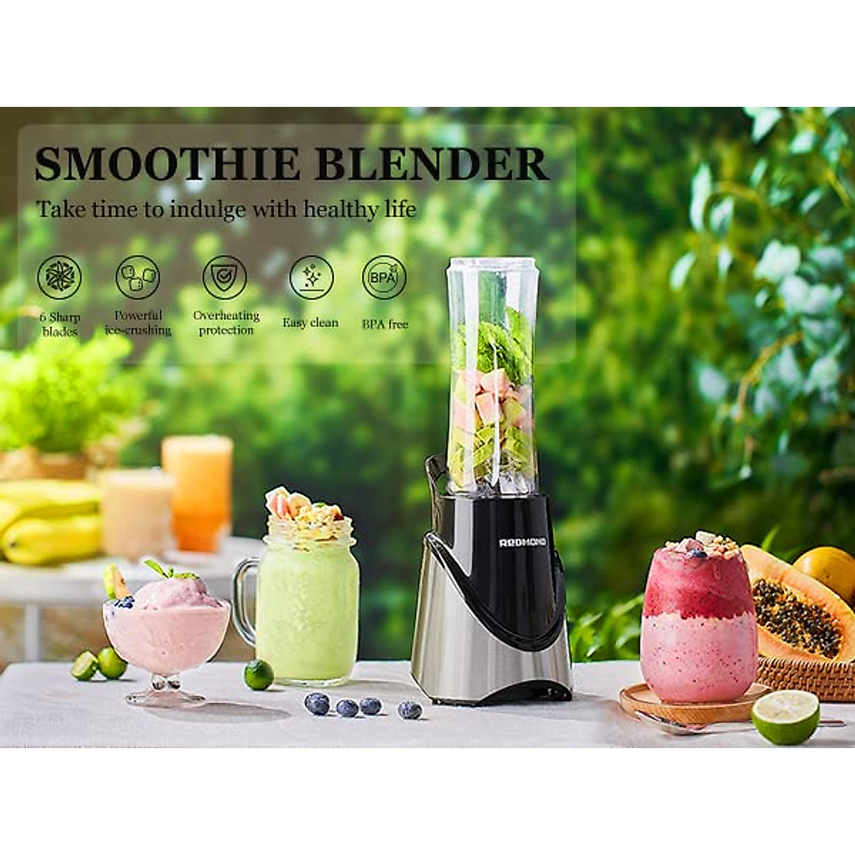 REDMOND Personal Blender for Shakes and Smoothies, Powerful Smoothie Blender with 6-point Stainless Steel Blade 2 x Travel Cups 20oz Pulse Technology BPA-Free
