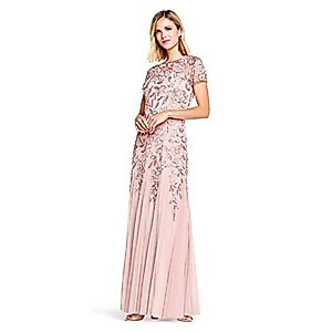 Adrianna Papell Women's Floral Beaded Godet Gown, Rose Gold, 16