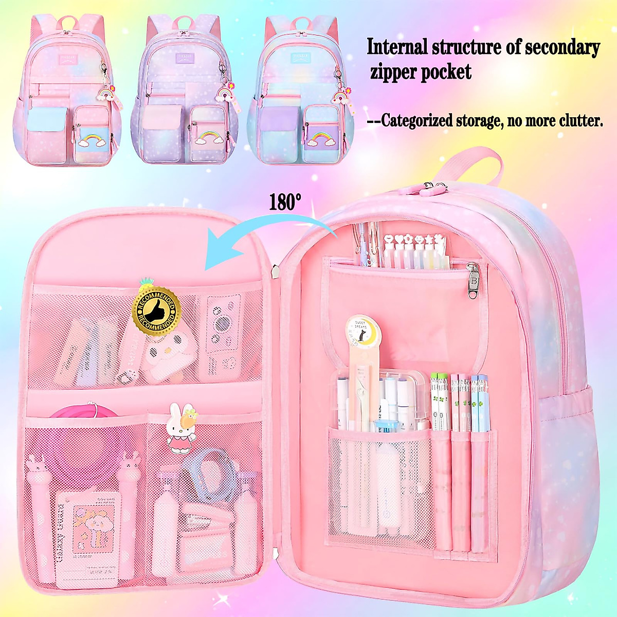 Jcobvig Rainbow Backpack For Girls Kids,Cute Student School Backpack With Pen Bag,Pink Aesthetic Starry Rainbow Laptop Travel Bag (Pink Large 17.5in