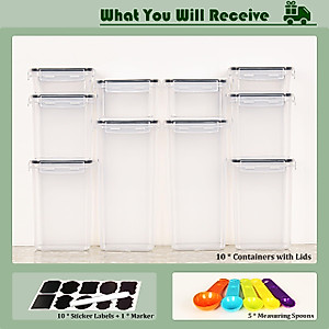 Airtight Food Storage Containers with Lids Set 10 Pack, Clear Plastic Pantry & Kitchen Organizers and Storage for Cereal Flour Pasta Snacks Sugar & Dry Food, BPA Free, with multiple Labels & Spoons