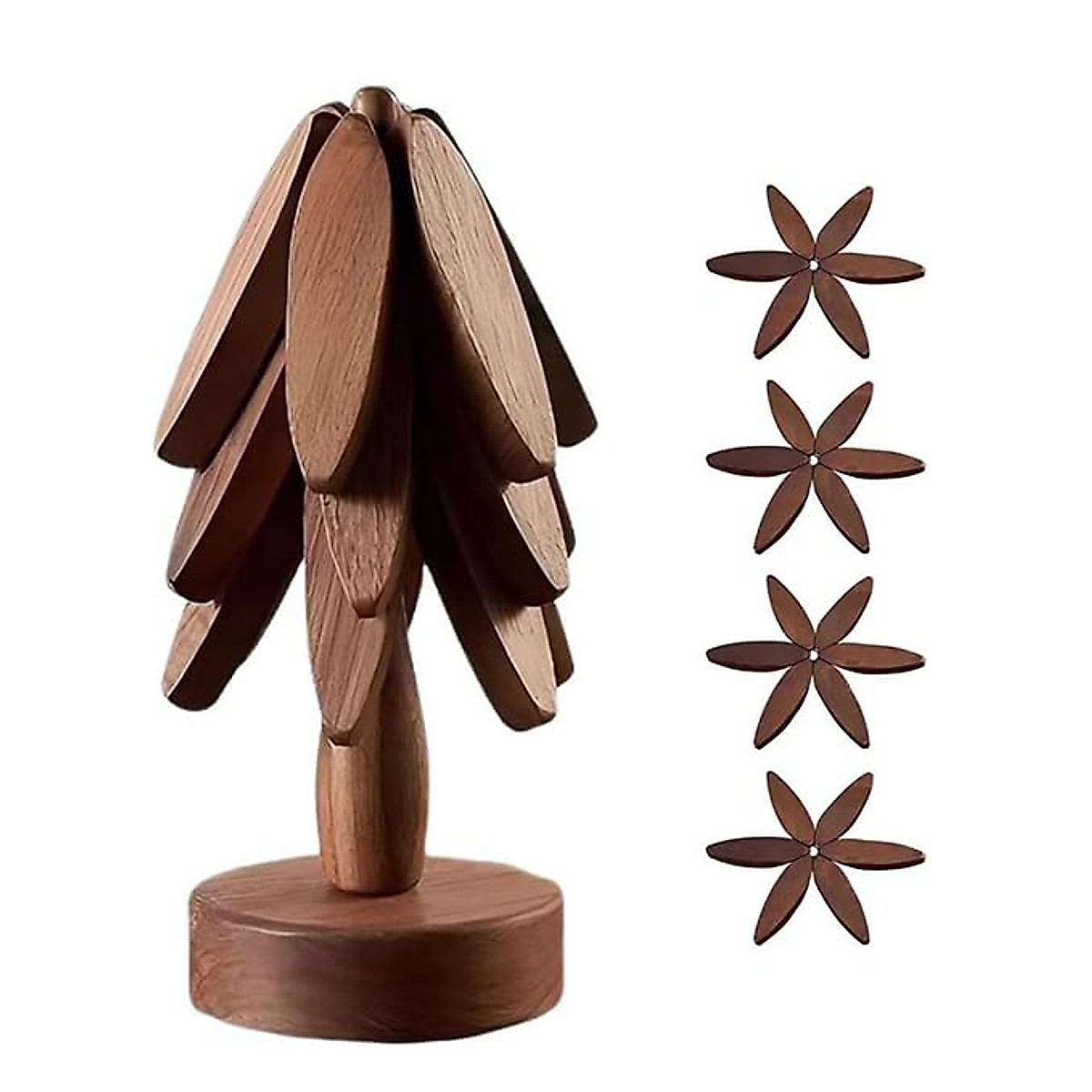 Wooden Trivets for Hot Dishes,Wooden Tree Trivet Set,Tree Coasters for Hot Dishes - 4 Wooden Trivet + 1 Stand (Walnut Wood)