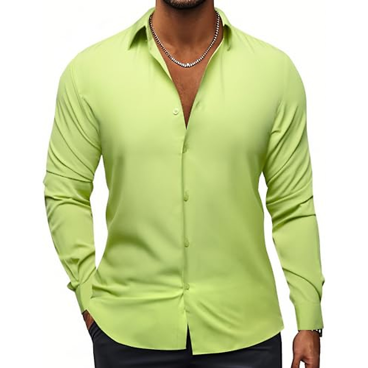 Hi-Tie Mens Dress Shirts 4 Way Stretch Long Sleeve Dress Shirts for Men Button Down Wrinkle Free Casual Formal Shirt,Army Green, Large