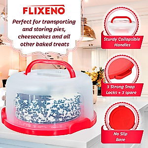 Flixeno Large Sturdy Red Round Cake Carrier Holder Up to 10 inch Multi Purpose Cover Five Section Serving Tray Keeper for Easily Hold & Transport Cakes Pies & Cupcakes with Collapsible Handles + 3 Extra Clips