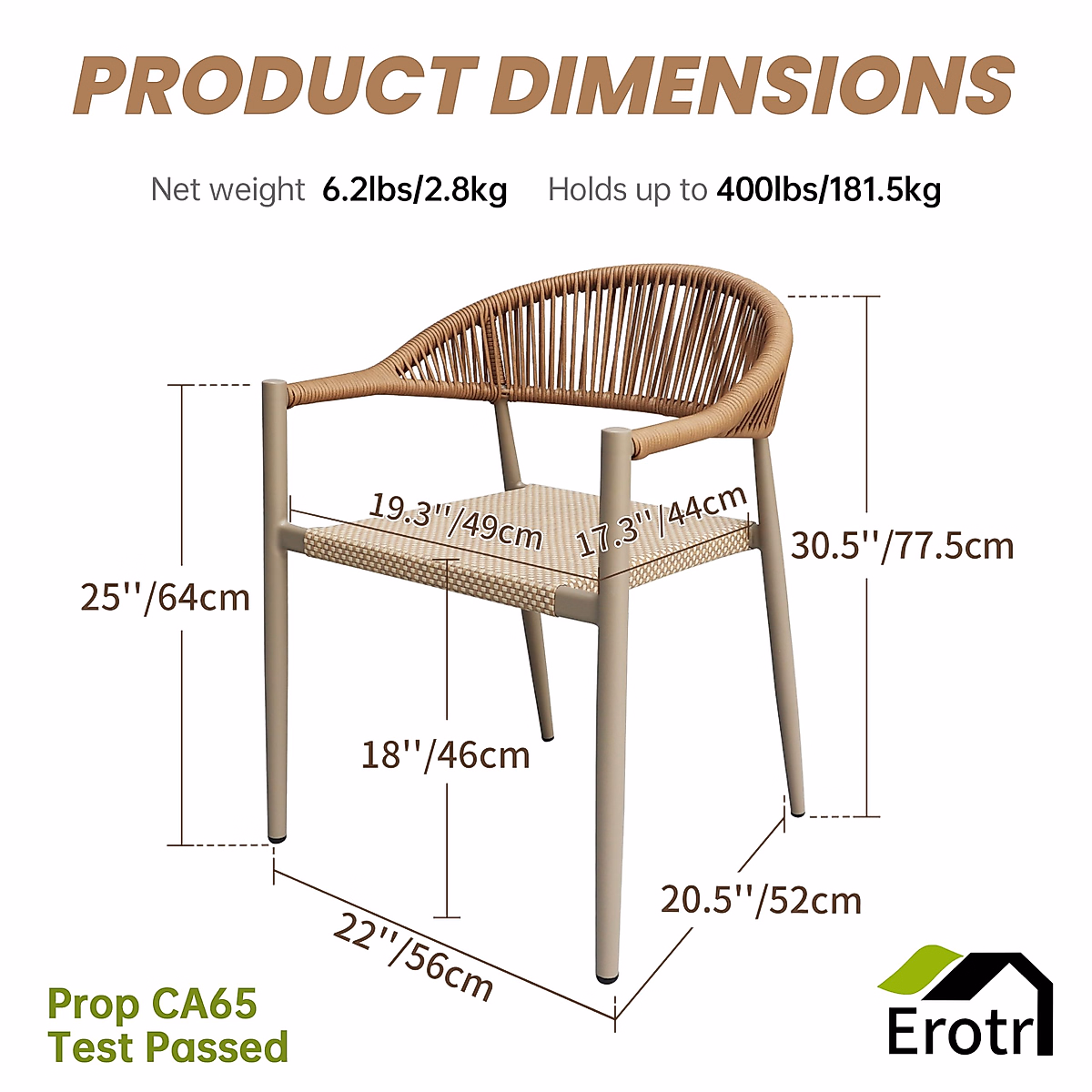 Erotr 4 Pcs Stackable Dining Chairs, Aluminum Rattan Outdoor Dining Chair with Arms, Woven Rope Patio Armchair Metal No Assembly for Bistro Garden Balcony Porch Deck Yard Cafe Restaurant, Light Brown
