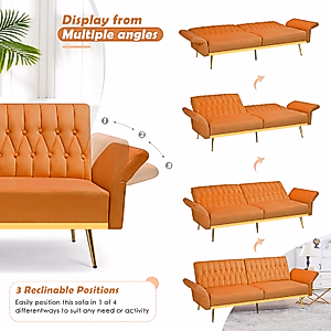 Lesofair 70” Velvet Futon with Adjustable Backrest and Armrests, Sofa Bed with with Extra Pillows for Waiting Room, Living Room and Office, Orange