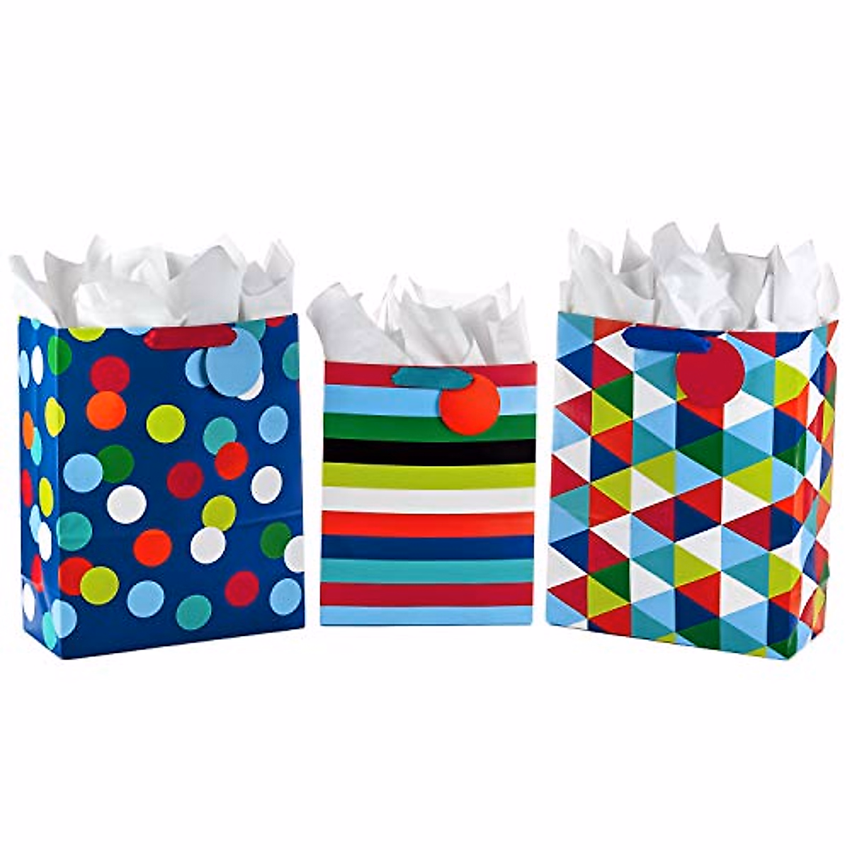 Hallmark 13" Large and 15" Extra Large Gift Bags Assortment with Tissue Paper (Pack of 3: Celebrate, Rainbow Stripes, Polka Dots) for Christmas, Birthdays, Father's Day, Graduations or Any Occasion