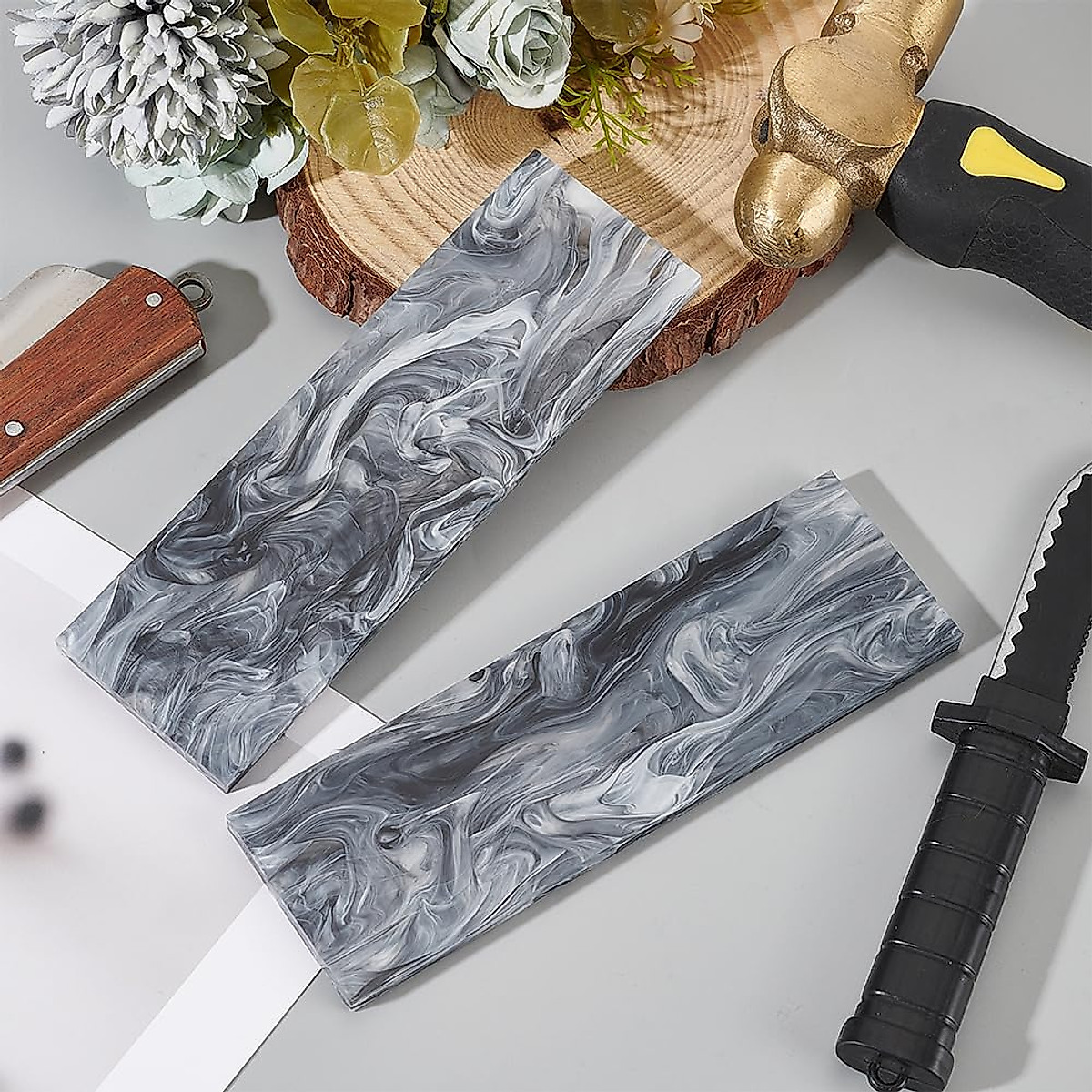 MAYJOYDIY 2pcs Marble Pattern Acrylic Knife Handle Scales Black Knife Grips Sheets Knife Scales Slabs Making Rectangle Knife Handle Tool 6.3×2×0.27inch for Knife Handle Making DIY Crafts