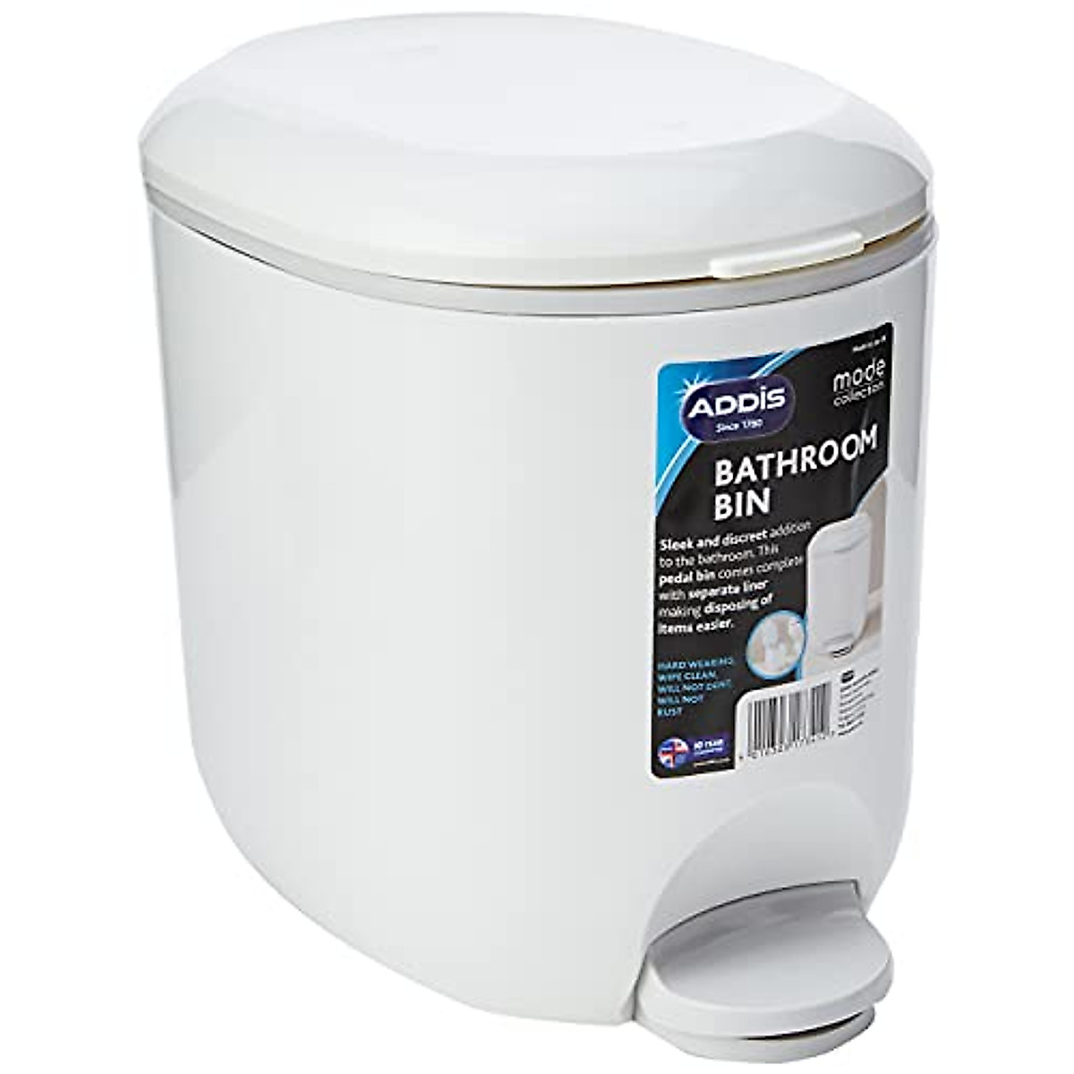 Addis Premium Deluxe Bathroom Pedal Bin with Inner, 3.5 Litre, White Grey, 29 x 18.5 x 23cm