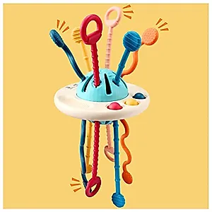 Baby Sensory Toys Montessori Activity - Infant 6 Months Learning Pull String 6-12 Girl Teething Chew Birthday Gift Age 1 Year Old Boy 0 2 3 4 5 7 8 9 10 11 UFO Pulling 18-24 Toddler Travel Essentials