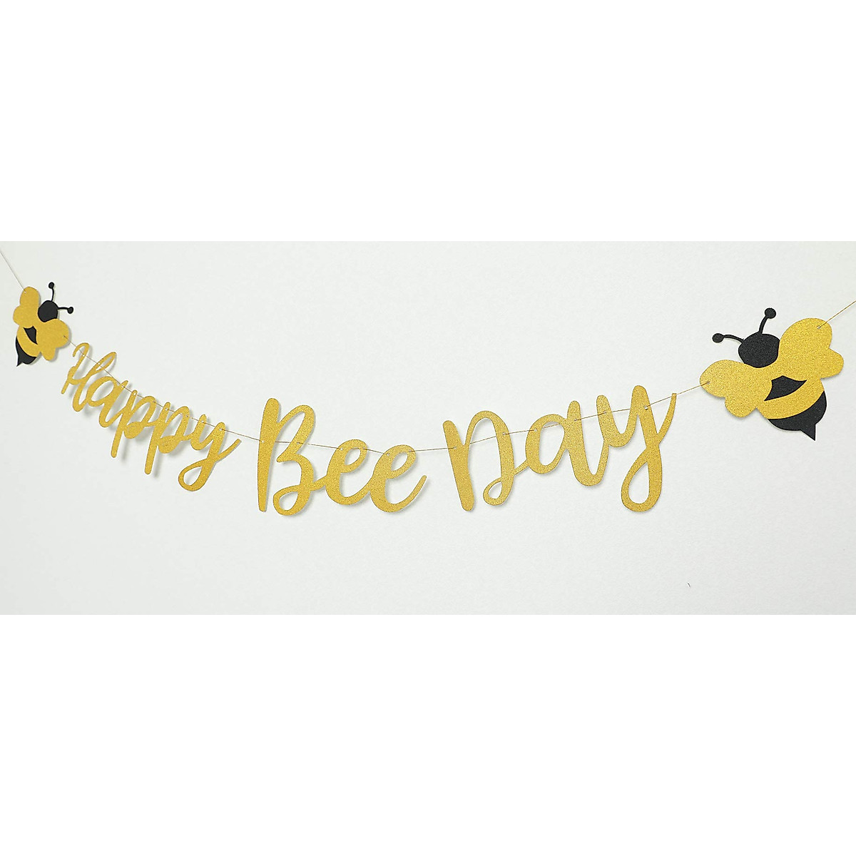 Happy Bee Day Banner and Gold Glitter Happy Bee Day Cake Topper for Bumble Bee Themed Birthday Party Supplies by Topfun