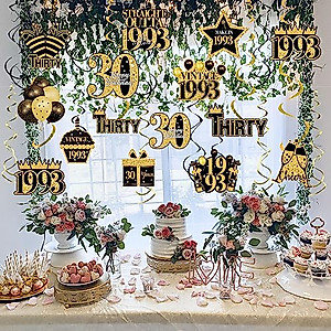 30th Birthday Decorations Men, 45pcs 30th Birthday Party Supplies, 1993 Gold Birthday Decorations, Party Streamers Hanging Swirls for Him, Thirty Years Old Dangling Spinners Foli Bday Ceiling Decor