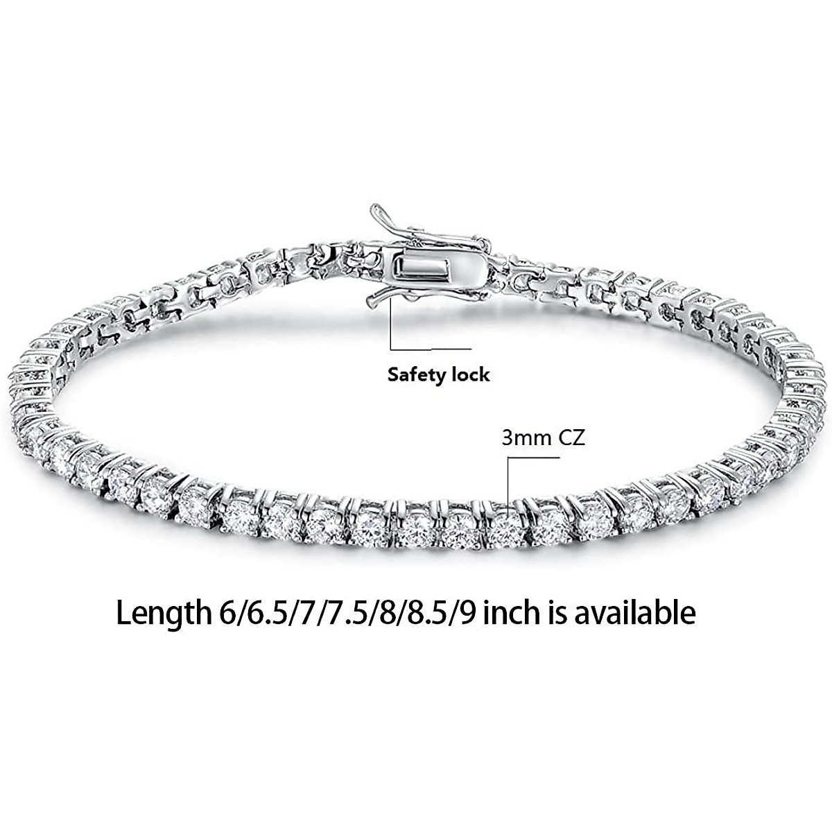 Gemsme 18K White Gold Plated 3.0mm Cubic Zirconia Classic Tennis Bracelet 6.0 Inch