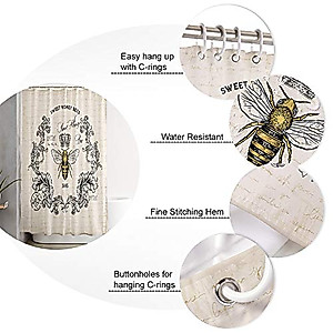 4 Piece Shower Curtain Sets with Bath Rugs Spring Farm Bee Floral Wreath Retro Newspaper,Non-Slip Floor Mat,Toilet Lid Covers,U-Shape Contoured Pad Bumblebee Crown Bathroom Set for Home Decor