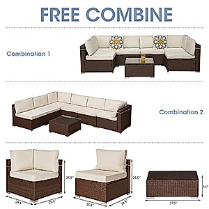 SUNVIVI OUTDOOR 7 Piece Patio Conversation Set Outdoor Furniture Set Brown Wicker Furniture Outdoor Sectional Rattan Sofa Couch for Backyard, Garden with 6 Clips, Coffee Table