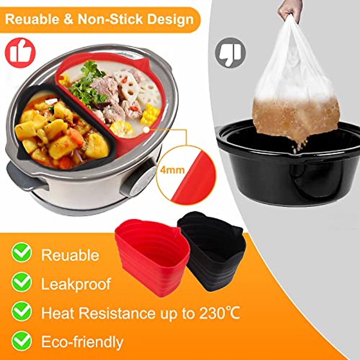 Slow Cooker Liners, Silicone Crock-Pot Liners Fit 6 QT Pot, Reusable/Leakproof/Silicone Divider Insert, Dishwasher Safe Liners for 6 Quart Oval Slow Cookers(Red+Black）