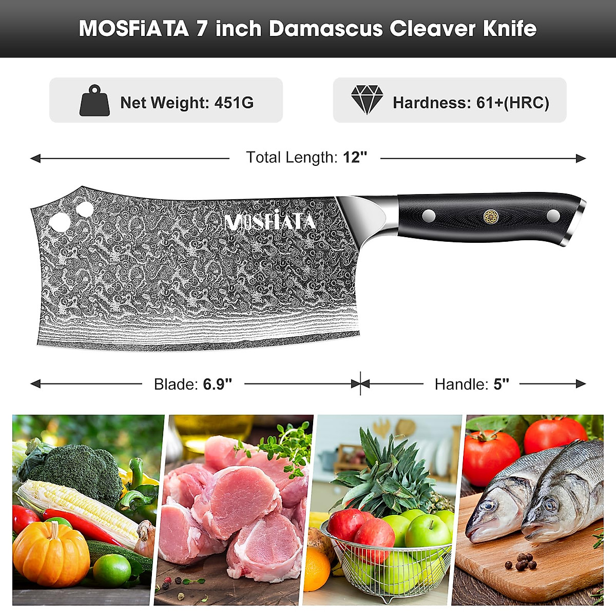 MOSFiATA Damascus 7” Cleaver Knife，Ultra Sharp Vegetable and Meat Butcher Knife with Finger Guard for Home Kitchen and Restaurant