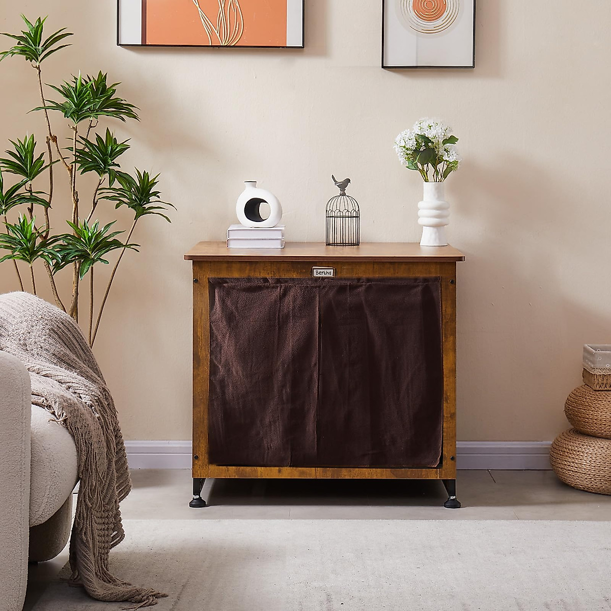 COPAW Dog Crate Furniture - 27 Inch Wooden Wire Pet Kennels with Double Doors Cushion and Adjustable Feet Indoor Pet House End Table Furniture Style Dog Crate for Small Medium and Large Breeds Dogs