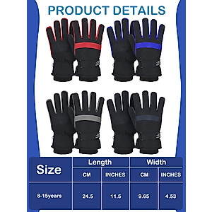 Eurzom 4 Pairs Kids Winter Ski Snow Gloves Waterproof and Windproof Adjustable Gloves for Kids, 4 Colors (Red, Blue, Bright Blue, Gray, 8-15 Years)