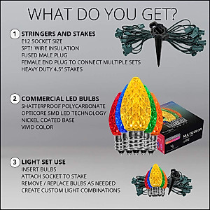 50’ OptiCore LED C7 Multicolor Christmas Pathway Lights, C7 Landscape Lights, 4.5” Stakes, Green Wire Plug String Lights