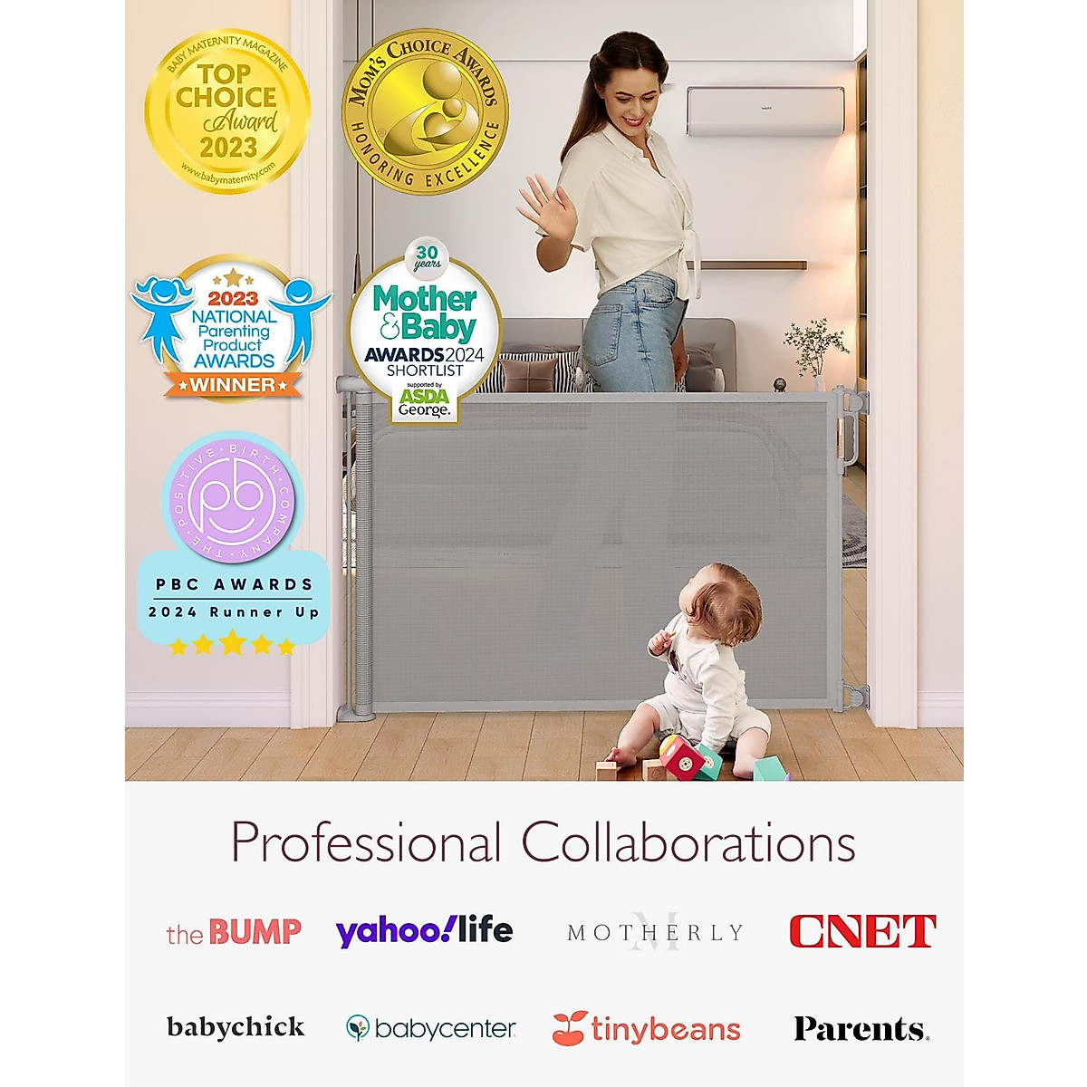 Momcozy Retractable Baby Gate, 33" Tall, Extends up to 55" Wide, Child Safety Baby Gates for Stairs, Doorways, Hallways, Indoor, Outdoor