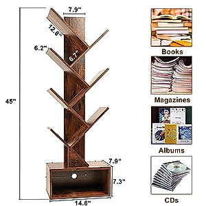 HXXUYY 6 Tier Tree Bookshelf Free Standing Bookcase Rust Brown Storage Book Self for Books,Albums,CDs,Magazines, Wooden Morden Book Storage Rack Display for Office/Livingroom/Bedroom
