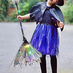 Halloween Witch Broom with LED Light, Witch Broomstick Light Up Witch Broom Decor Cosplay Props Costume Accessories (Purple)