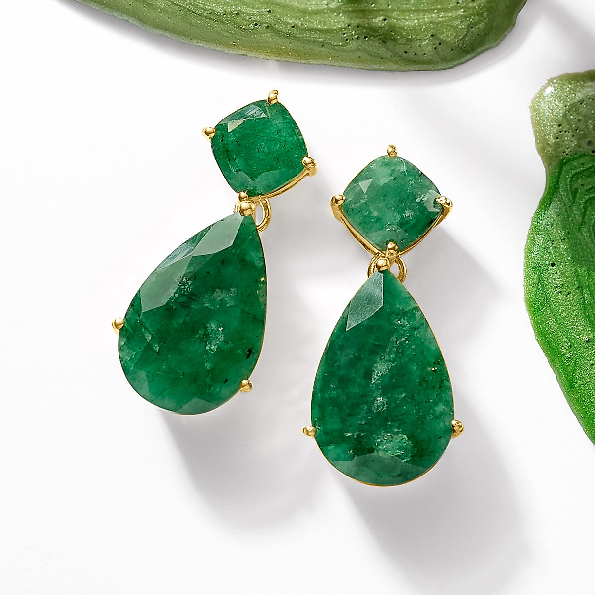 Ross-Simons 19.20 ct. t.w. Emerald Drop Earrings in 18kt Gold Over Sterling