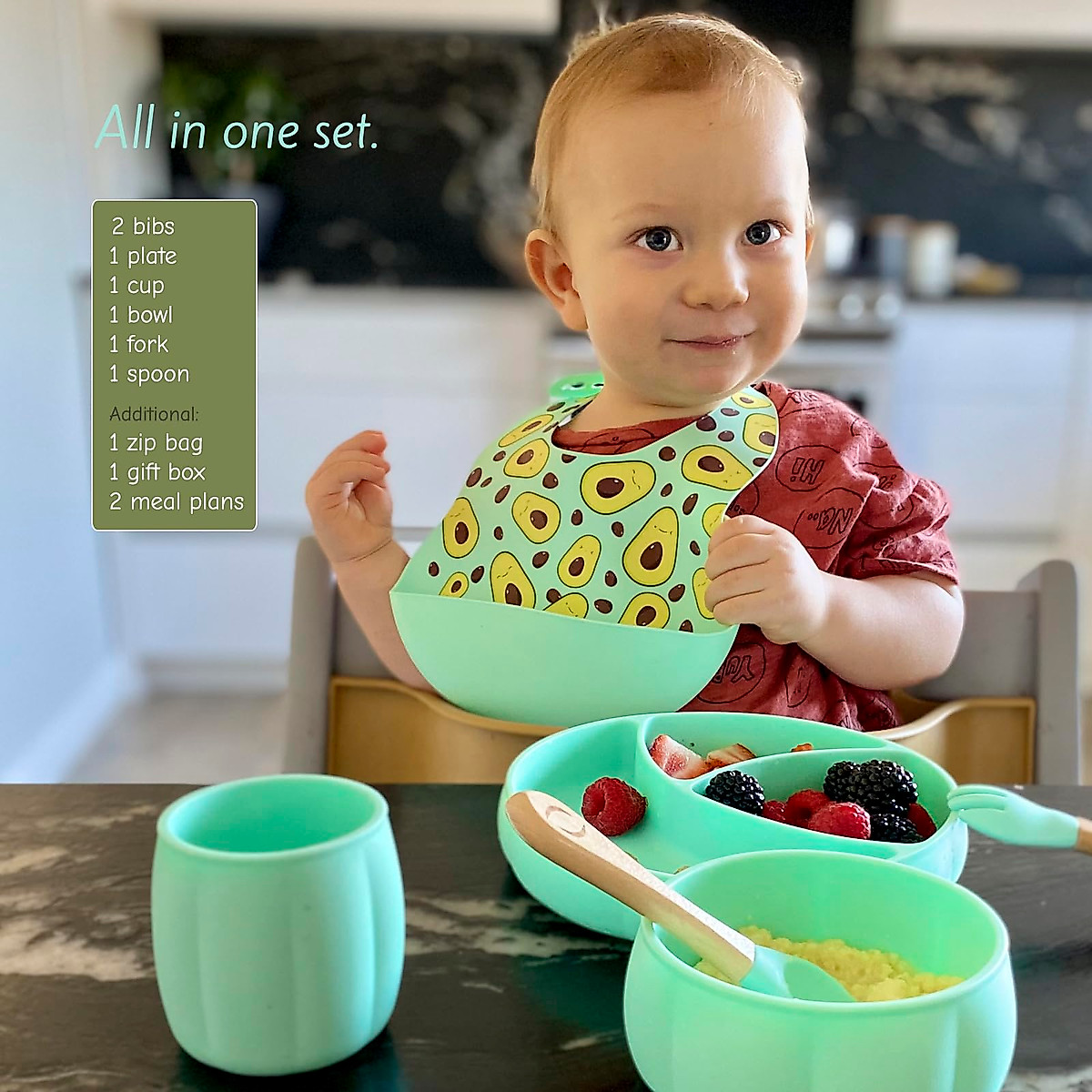 Silicone Baby Feeding Set | truku truku ® | Baby Dinnerware Set - 2 Bibs with Food Catcher, Suction Plates for Baby, Bowl, Toddler Cup, Bamboo Spoon and Fork - Baby Avocado Stuff - 7 pcs (Mint)