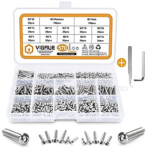 VIGRUE 570PCS Stainless Steel M3 Button Head Hex Socket Cap Screw Bolts, M3 x 4/5/6/8/10/12/14/16/18/20/25mm Screw and Nuts Flat Washer Assortment Kit, Fully Machine Thread